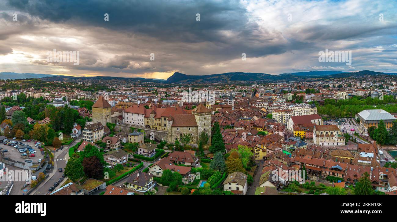 Annecy city center panoramic aerial view over the old town, castle ...