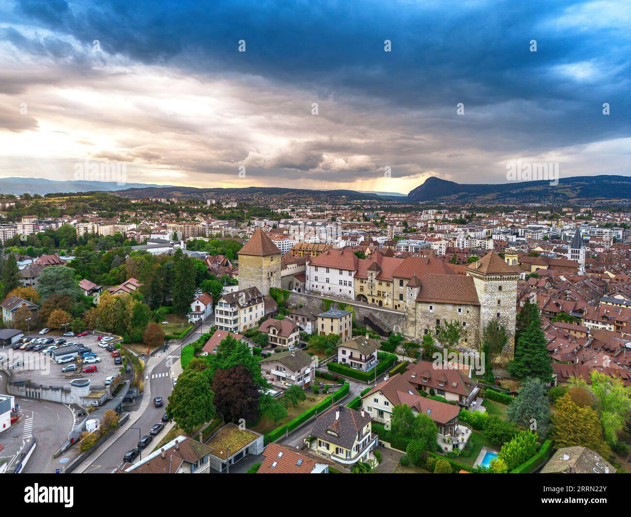 Annecy city center panoramic aerial view over the old town, castle ...