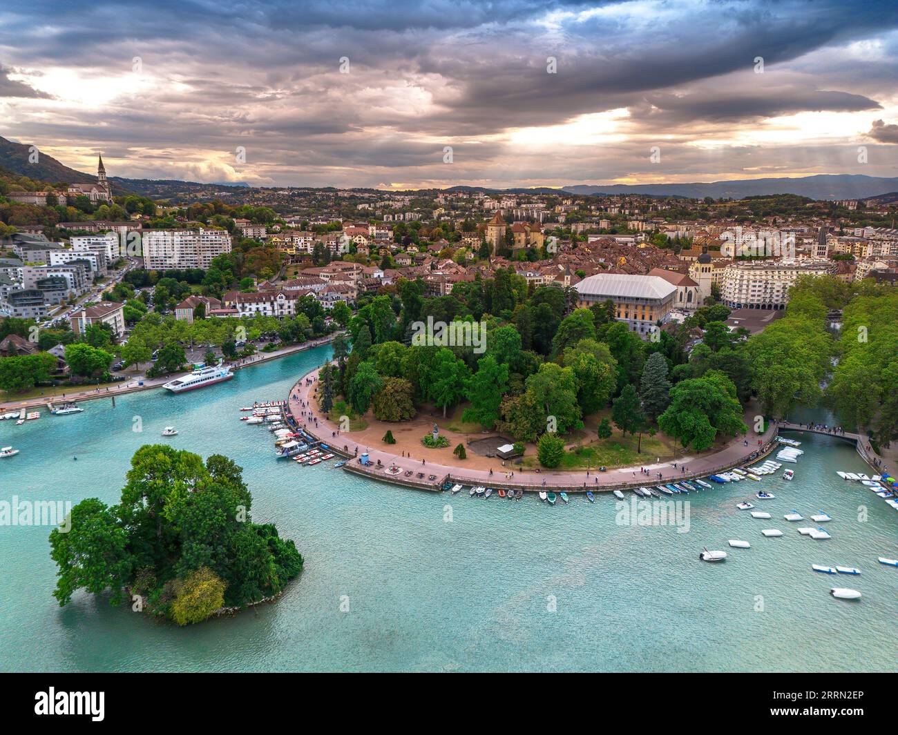 Annecy city center panoramic aerial view over the old town, castle ...