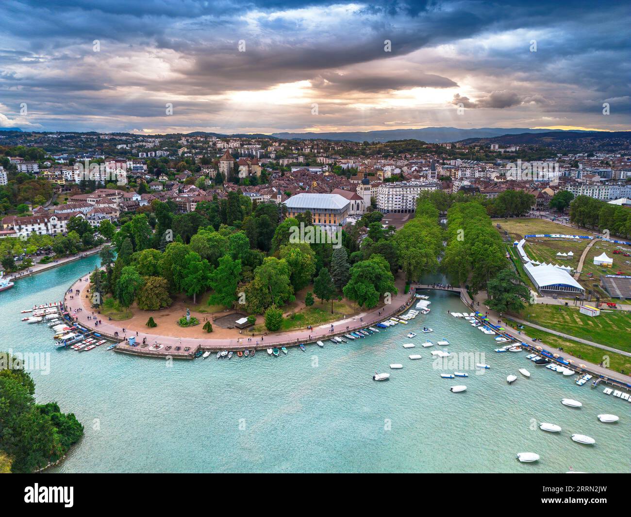Annecy city center panoramic aerial view over the old town, castle ...