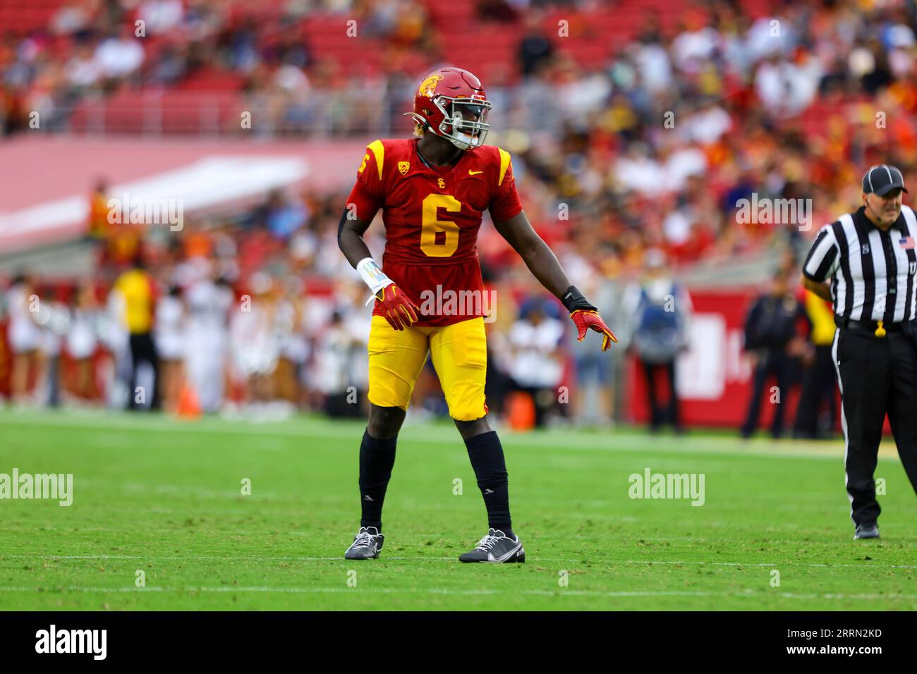LOS ANGELES, CA - SEPTEMBER 02: USC Trojans defensive lineman Anthony Lucas (6) looks at the ...