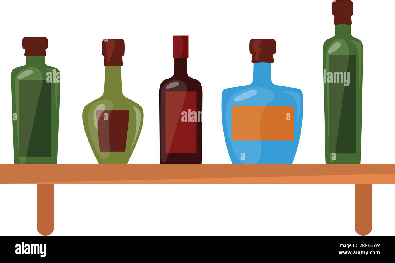 Alcohol bottles on wooden shelf. Cartoon drink storage isolated on ...