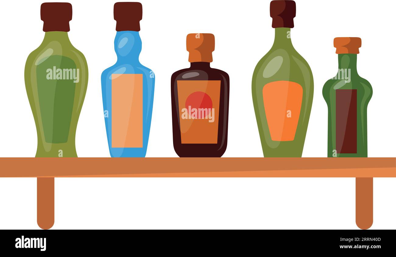 Wooden shelf with glass bottles. Cartoon alcohol bar isolated on white ...