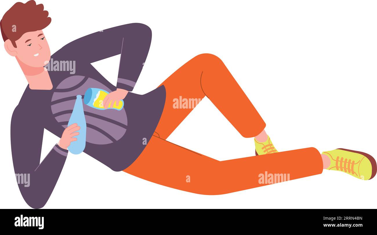 Young boy lay on floor with fresh drink. Having fun character isolated ...