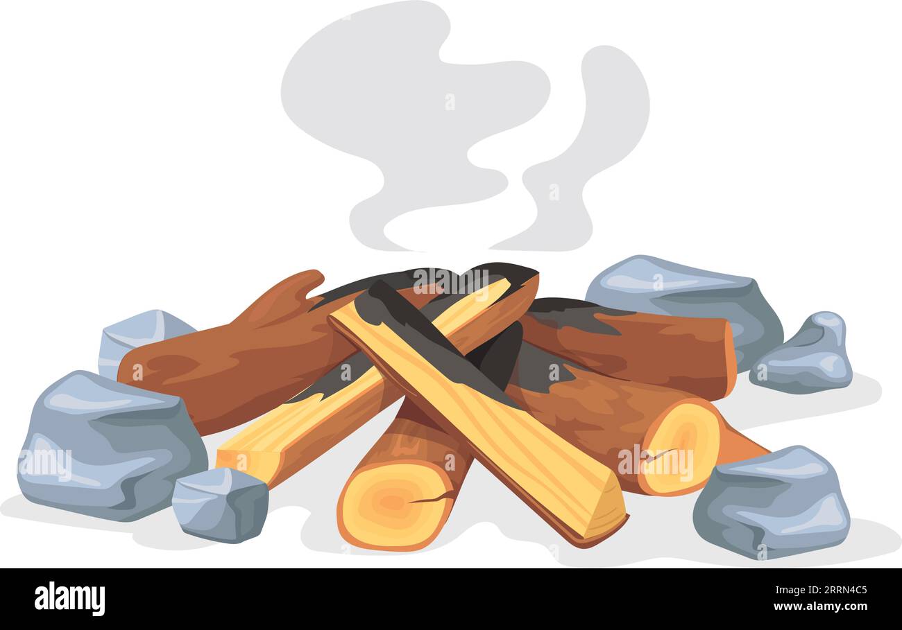 Smoking cartoon bonfire. Dry firewood slightly burning isolated on ...