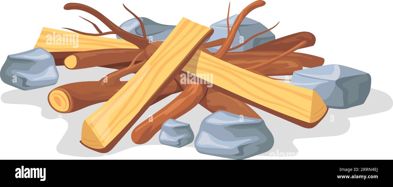 Firewood pile for bonfire. Cartoon wood branches and stones isolated on ...
