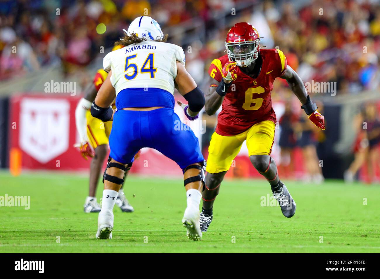 LOS ANGELES, CA - AUGUST 26: USC Trojans defensive lineman Anthony Lucas (6) rushes against San ...