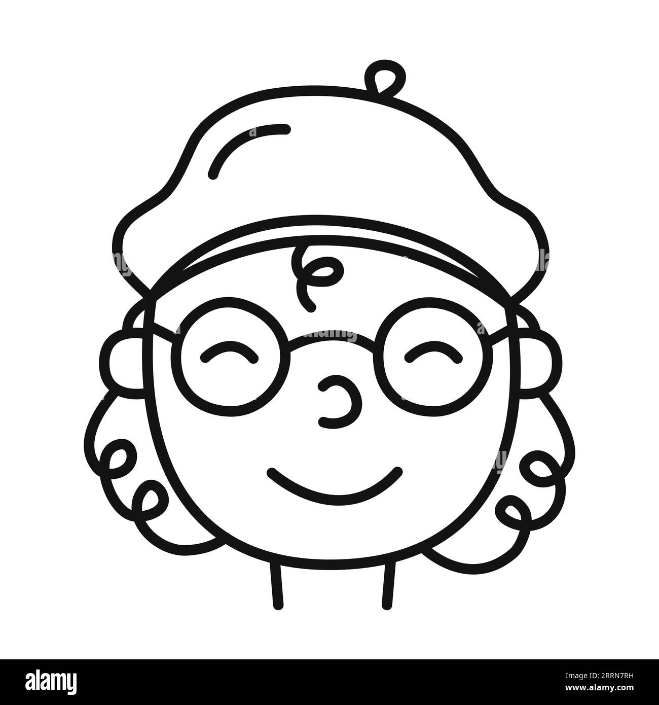 Cute man face portrait with glasses and beret in doodle line style ...