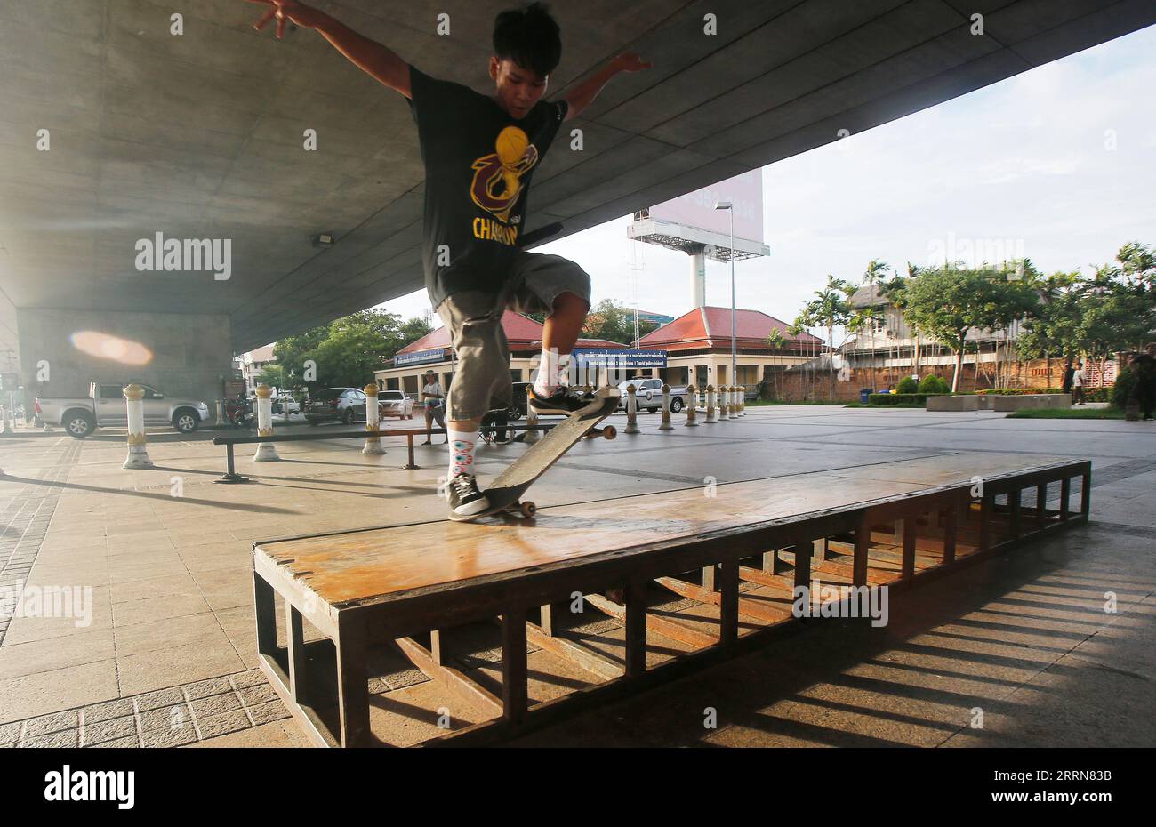 Bangkok, Thailand. 8th Sep, 2023. A man practice riding skateboard in ...