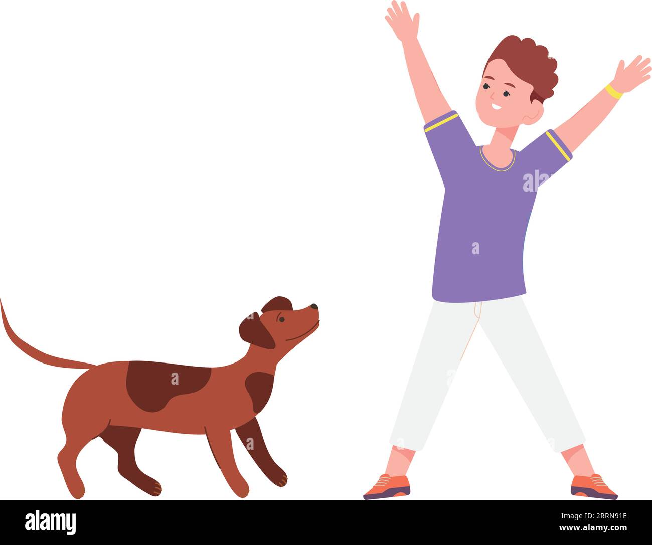 Happy boy with puppy. Joyful kid play with dog isolated on white ...