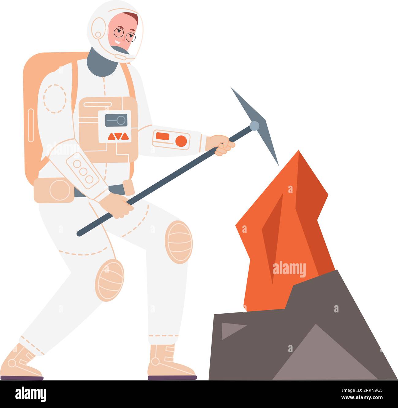 Man in spacesuit mining rocks. Astronaut with pickaxe exploring planet ...