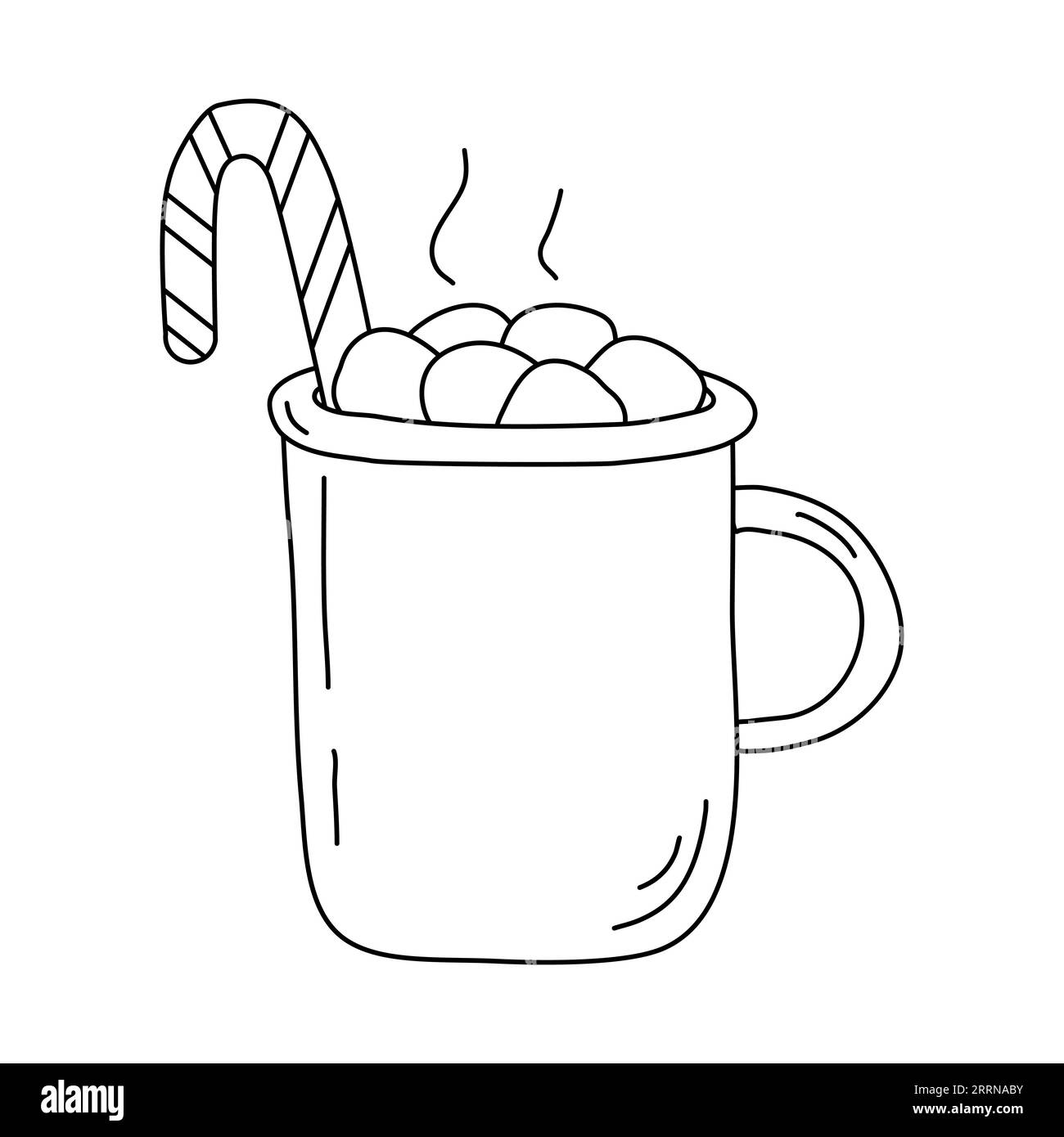 Cup with hot chocolate, marshmallow and candy cane, doodle style flat ...