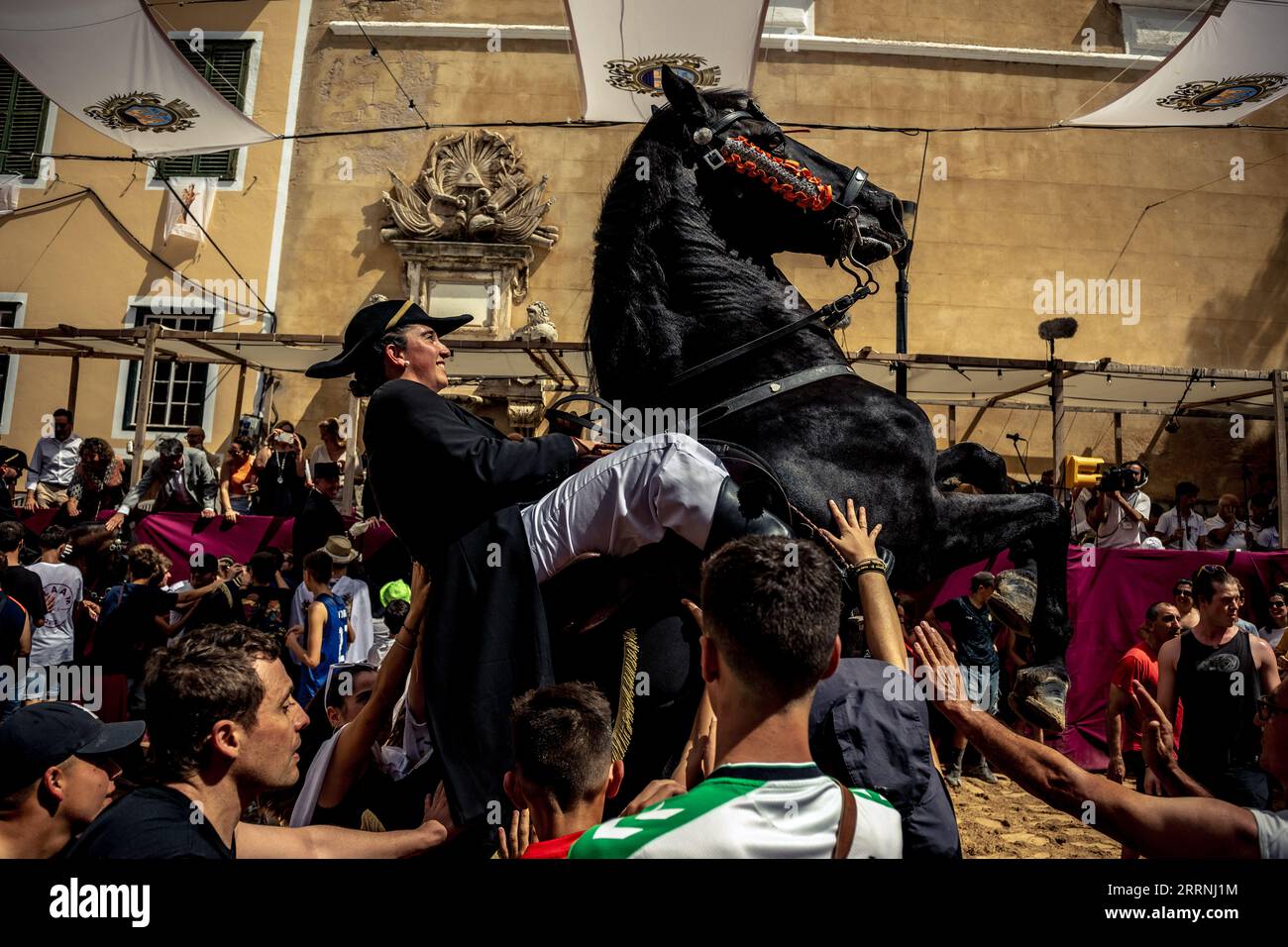 Mahon, Spain. 8th Sep, 2023. A 'caixer' (horse rider) rears up on his ...