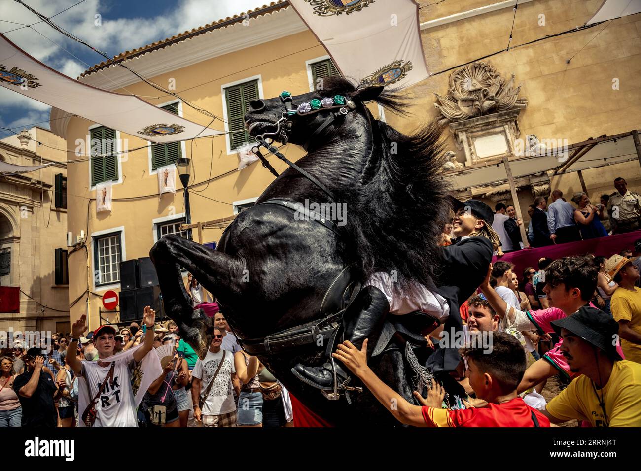 Mahon, Spain. 8th Sep, 2023. A 'caixer' (horse rider) rears up on his ...