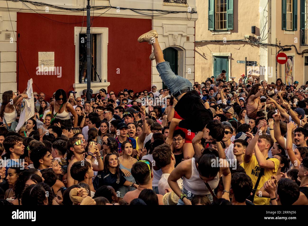 Mahon, Spain. 8th Sep, 2023. A boy is thrown into the air during the ...