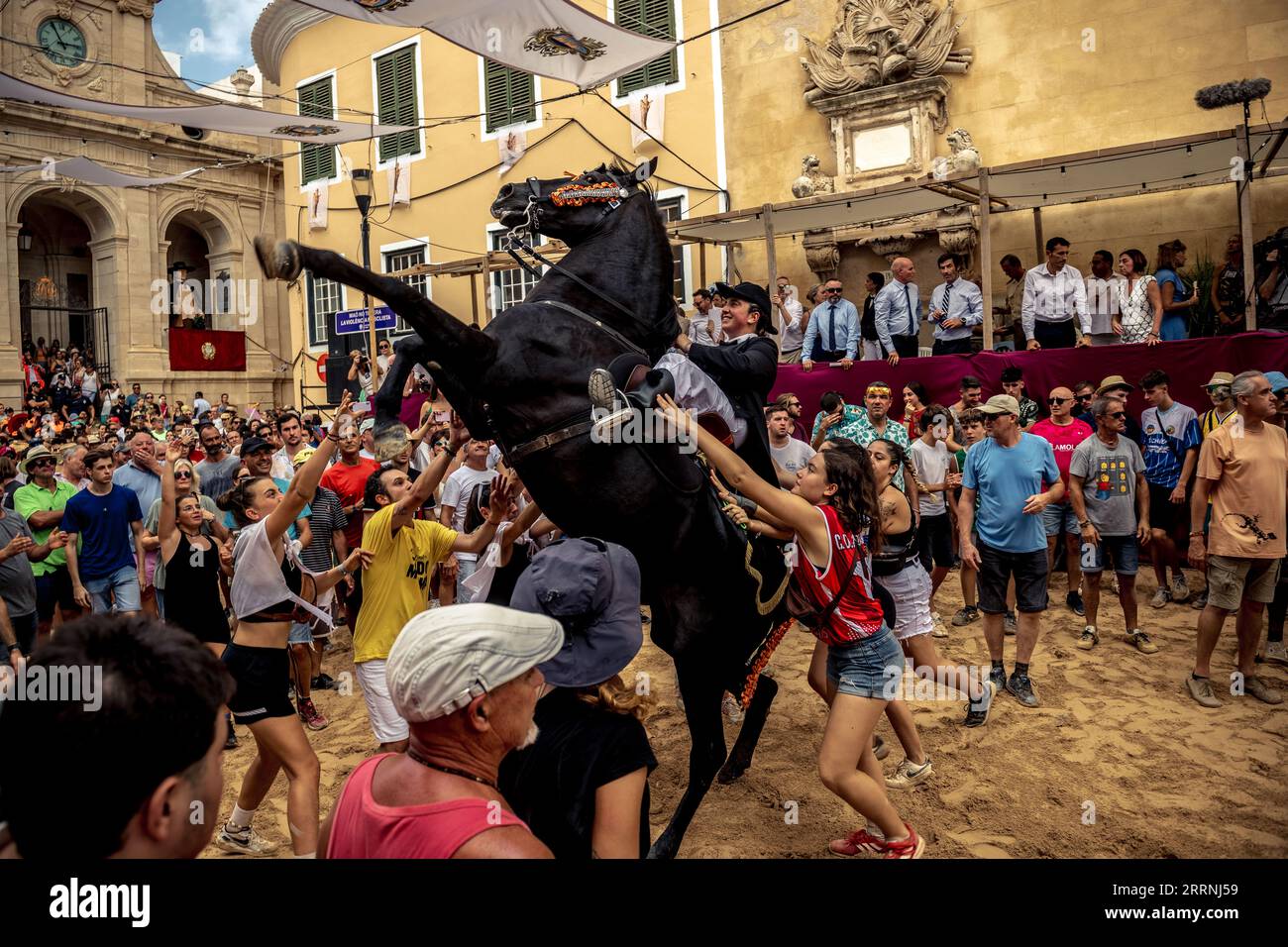 Mahon, Spain. 8th Sep, 2023. A 'caixer' (horse rider) rears up on his ...