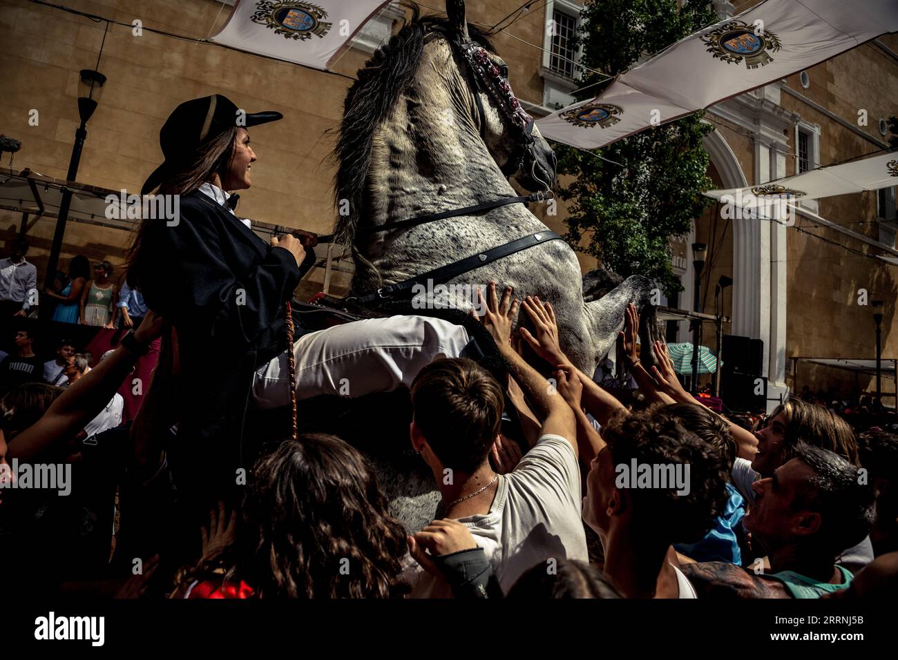 Mahon, Spain. 8th Sep, 2023. A 'caixer' (horse rider) rears up on his ...