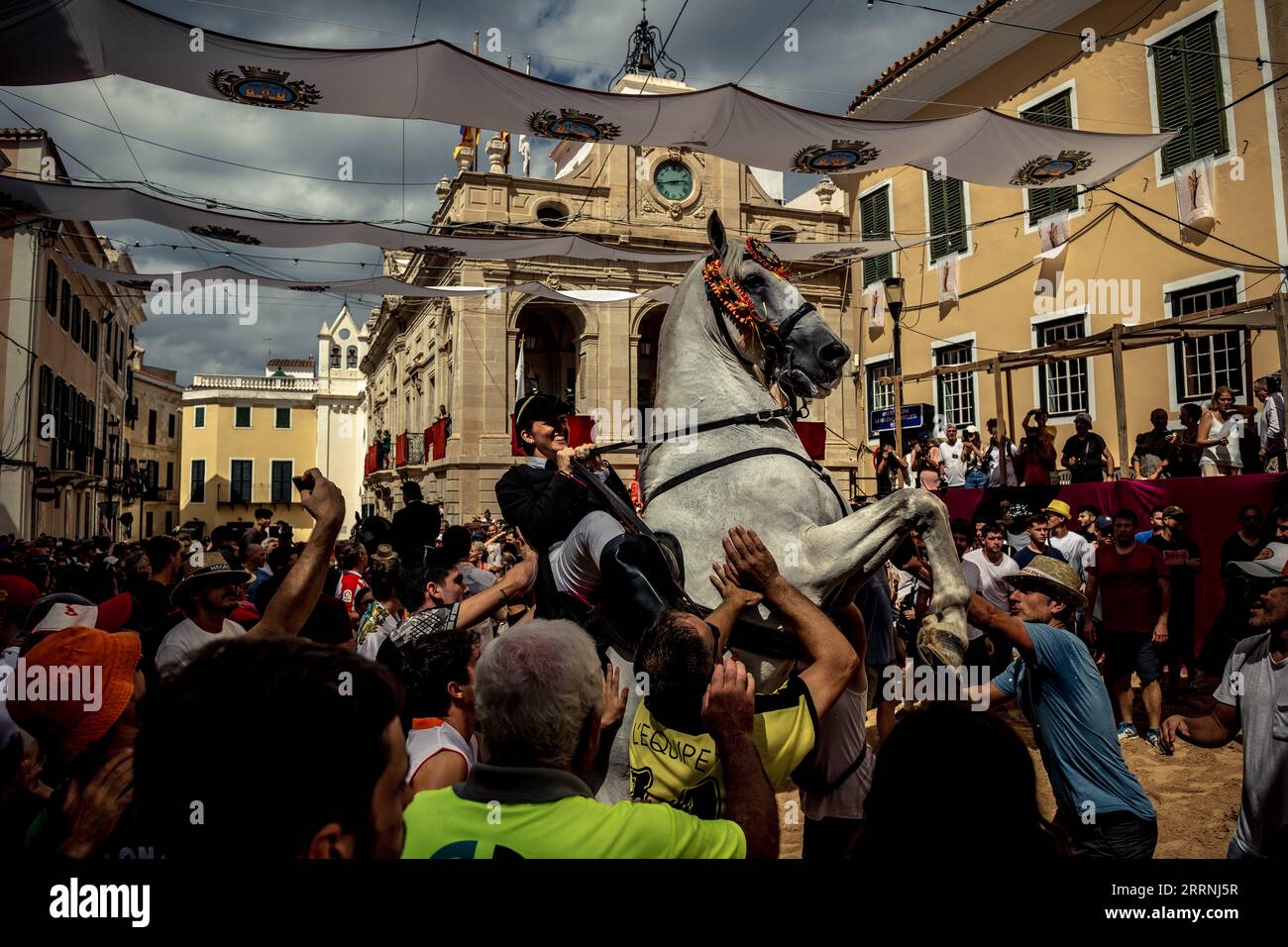Mahon, Spain. 8th Sep, 2023. A 'caixer' (horse rider) rears up on his ...