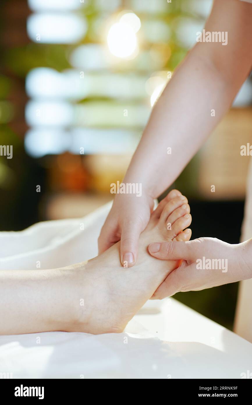 Healthcare time. Closeup on massage therapist in spa salon massaging clients foot Stock Photo ...