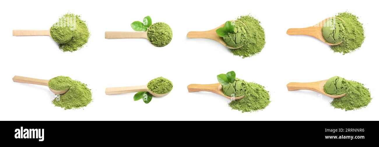 Set with green matcha tea powder isolated on white, top and side views ...