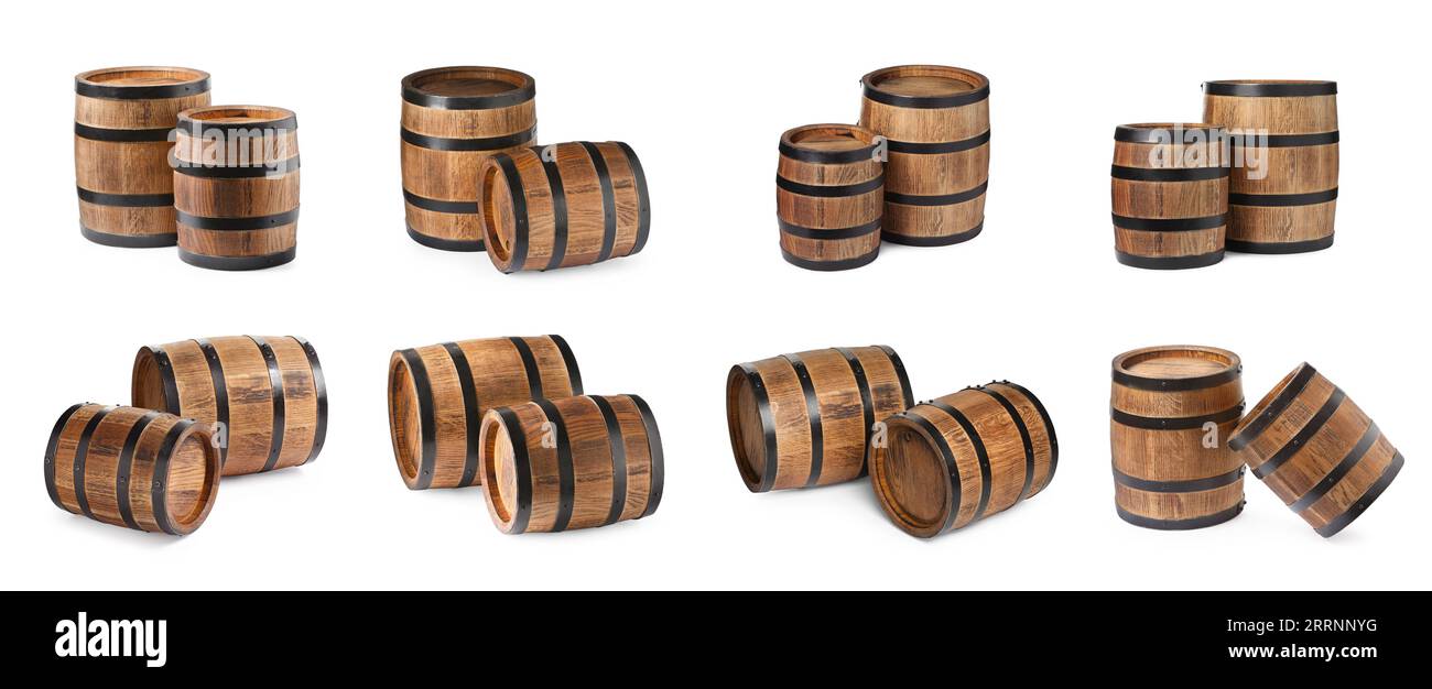 Collage with wooden barrels on white background Stock Photo - Alamy
