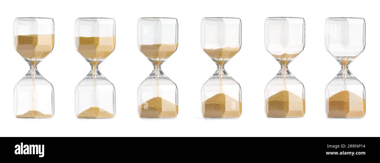 Passage of time. Hourglass with flowing sand on white background ...