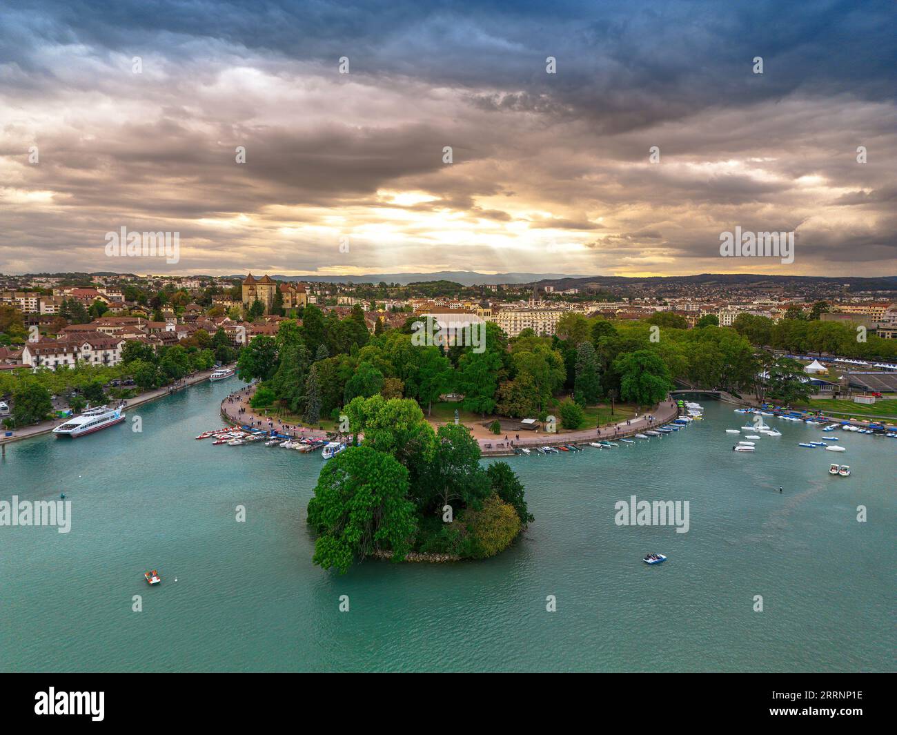 Annecy city center panoramic aerial view over the old town, castle ...