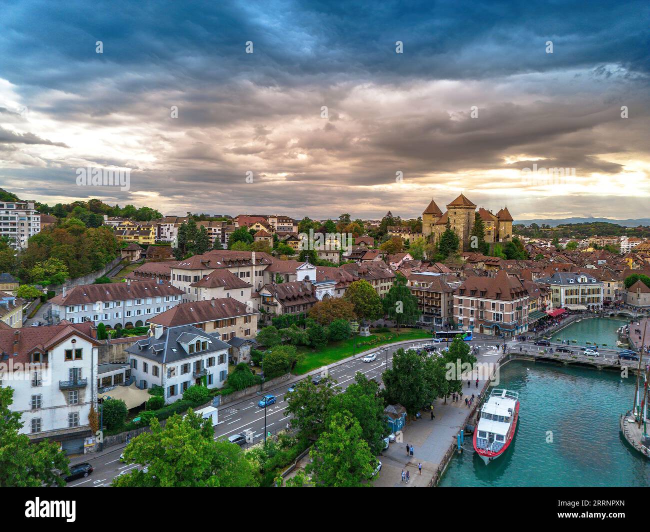 Annecy city center panoramic aerial view over the old town, castle ...