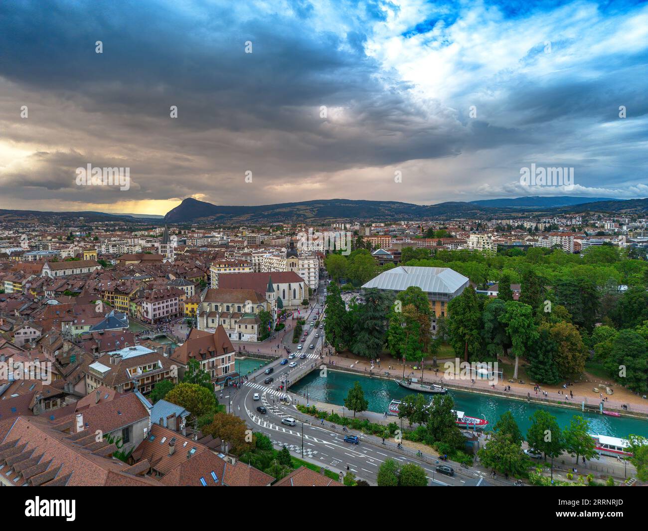 Annecy city center panoramic aerial view over the old town, castle ...