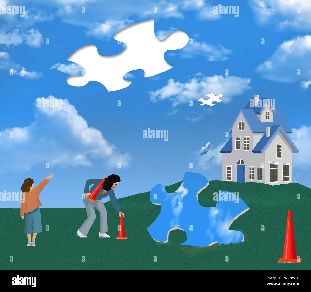 The sky is falling. A jigsaw puzzle piece of sky is seen crashed into ...