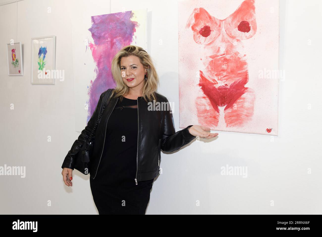 Paris, France. 8th Sept, 2023. Cindy Lopes poses with her work during opening Sensual prints ...