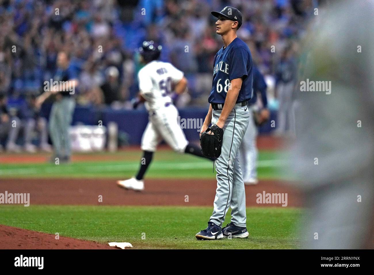 Seattle Mariners starting pitcher George Kirby (68) reacts as Tampa Bay ...