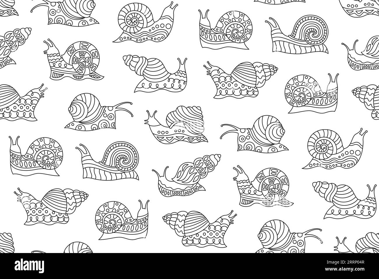 Snail with ornament doodle seamless pattern. Abstract repeat decoration linear contour mollusk ...