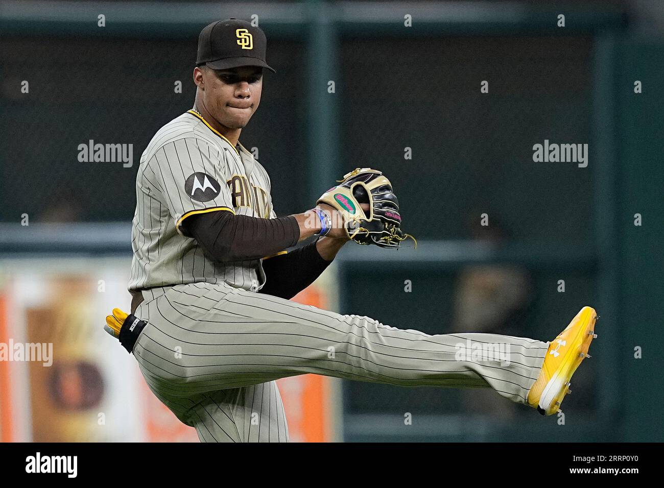 San Diego Padres left fielder Juan Soto warms up before a baseball game ...