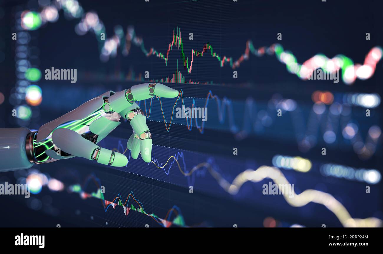 Ai Robot hand touching forex charts and diagrams stock market display on board. Investment and ...