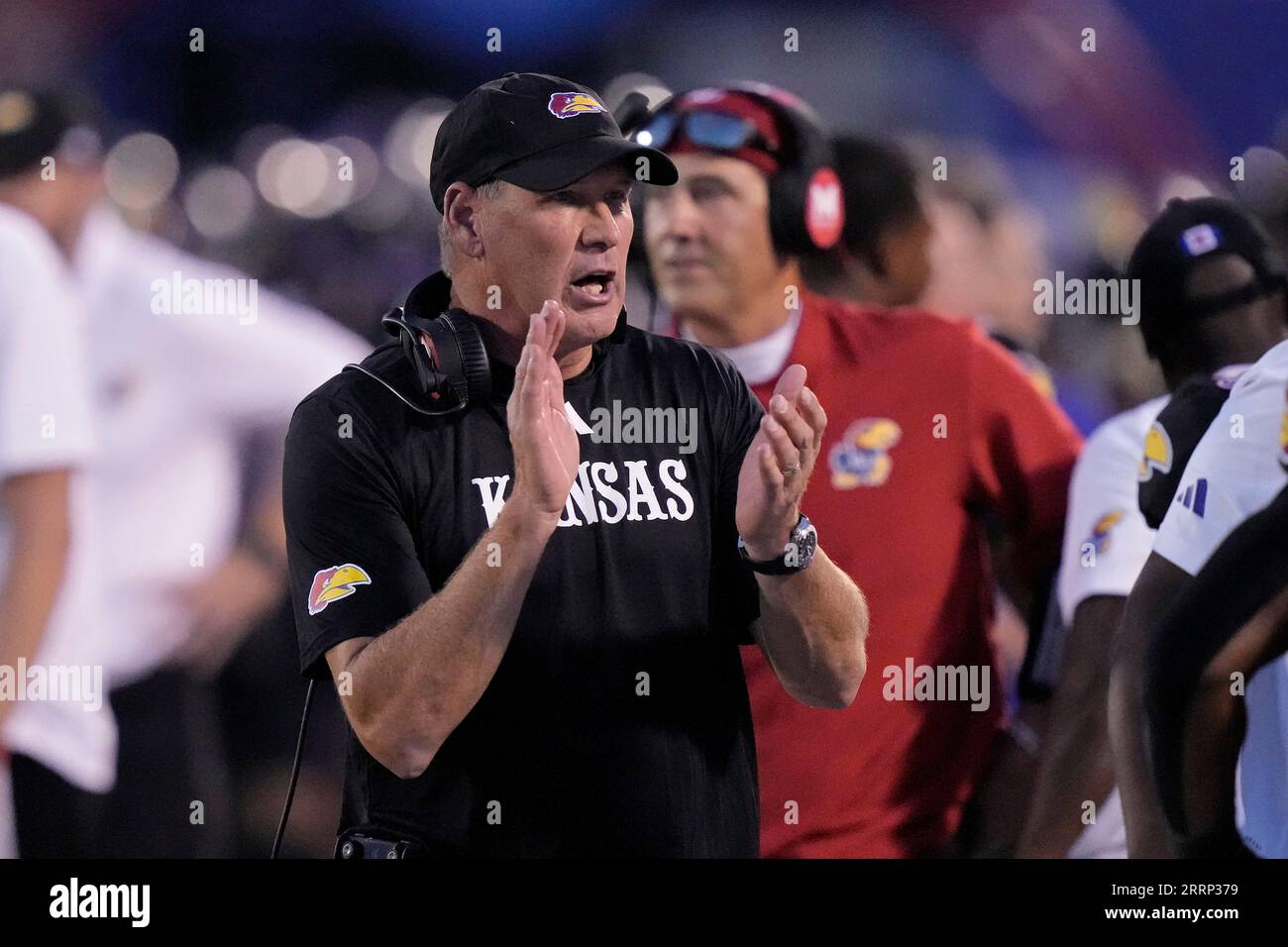 Kansas head coach Lance Leipold celebrates after a Kansas touchdown ...