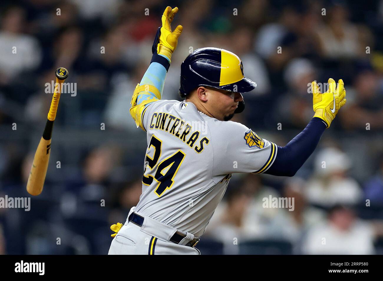 Milwaukee Brewers' William Contreras releases his bat after hitting an ...
