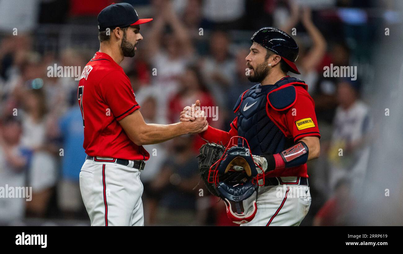 Atlanta Braves relief pitcher Ben Heller and catcher Travis d'Arnaud ...