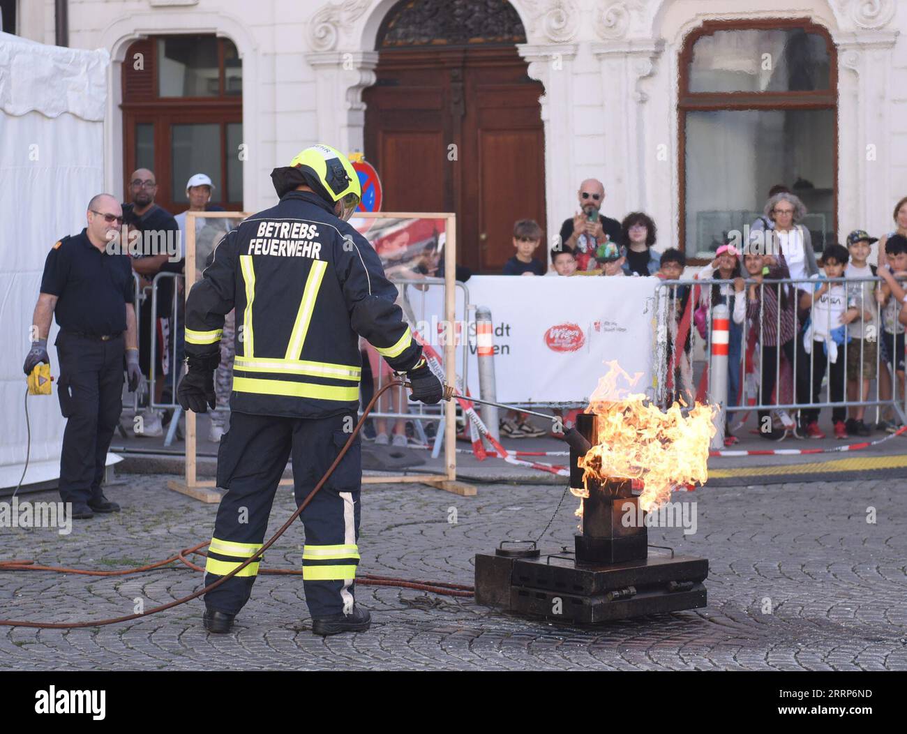 Vienna, Austria. 8th Sep, 2023. A member of the fire brigade conducts a ...