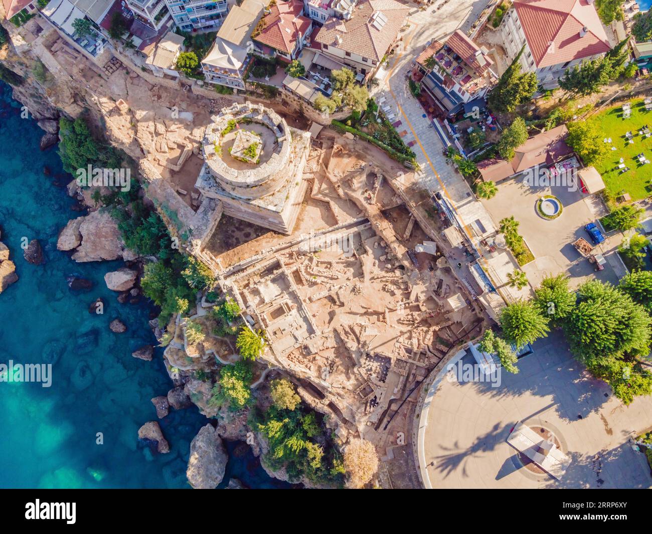 Hidirlik Tower, landmark of old town in Antalya Turkey. Drone view ...