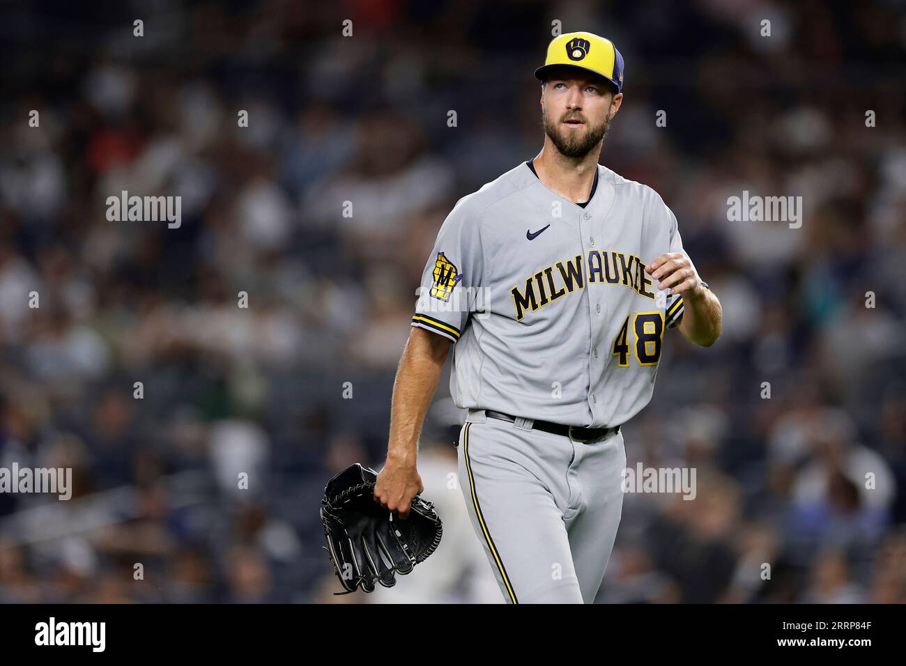 Milwaukee Brewers pitcher Colin Rea (48) reacts against the New York ...