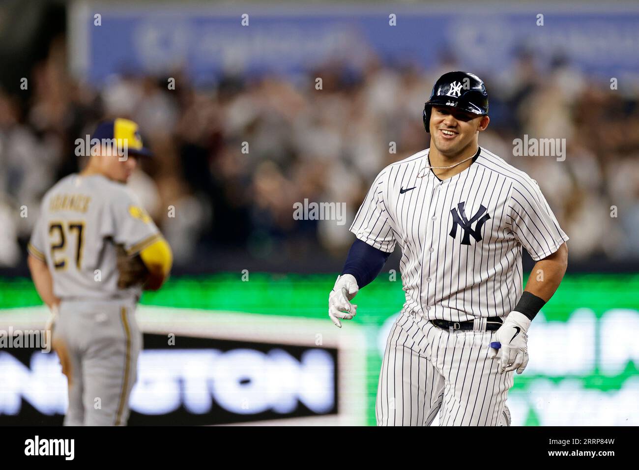 New York Yankees' Jasson Dominguez reacts after hitting a two-run home ...