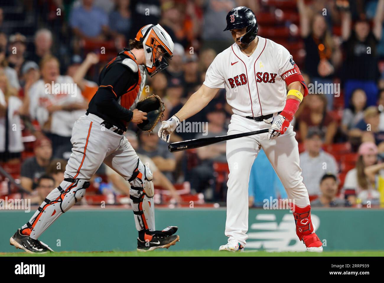 Boston Red Sox's Adam Duvall reacts after striking out swinging in ...