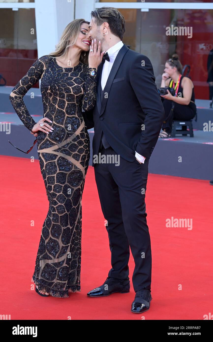 Venice Lido, Italy. 08th Sep, 2023. Delia Duran (L) and Alex Belli (r) attend the red carpet of ...