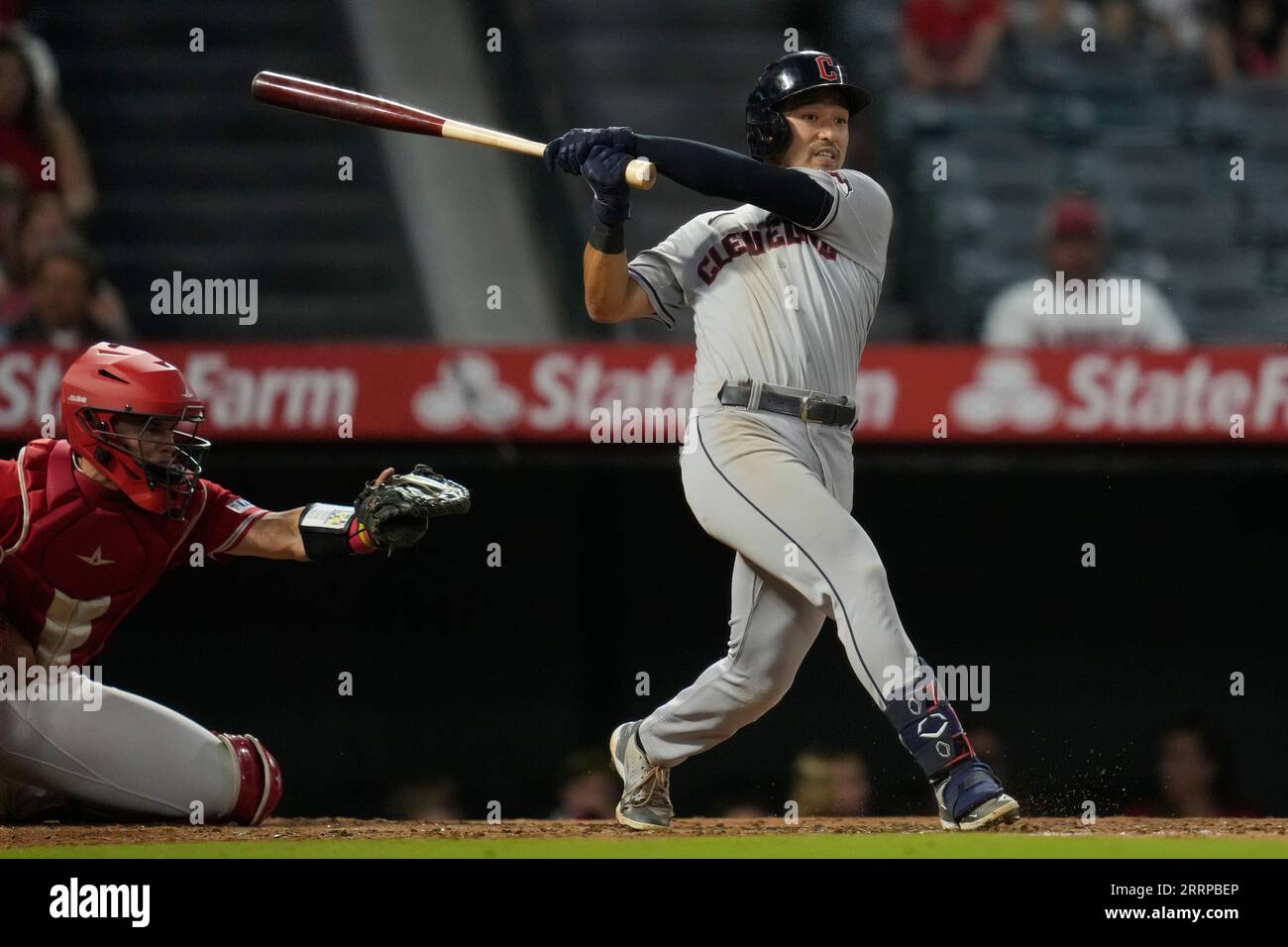 Cleveland Guardians' Steven Kwan (38) doubles during the third inning ...