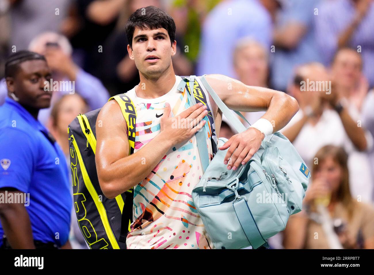 Carlos Alcaraz, of Spain, reacts to the crowd after losing to Daniil ...