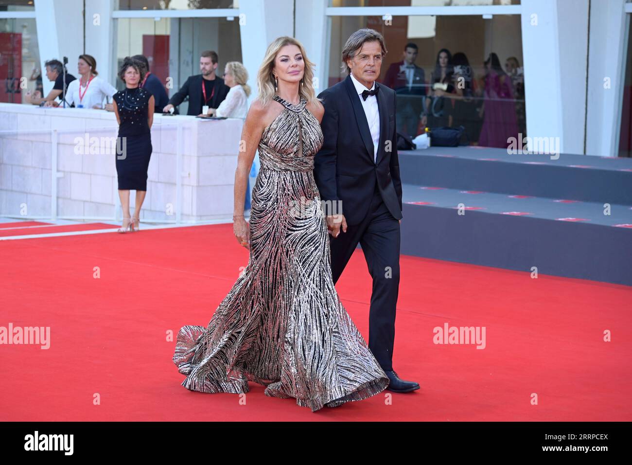 Venice Lido, Italy. 08th Sep, 2023. Alba Parietti (l) and Fabio Adami ...