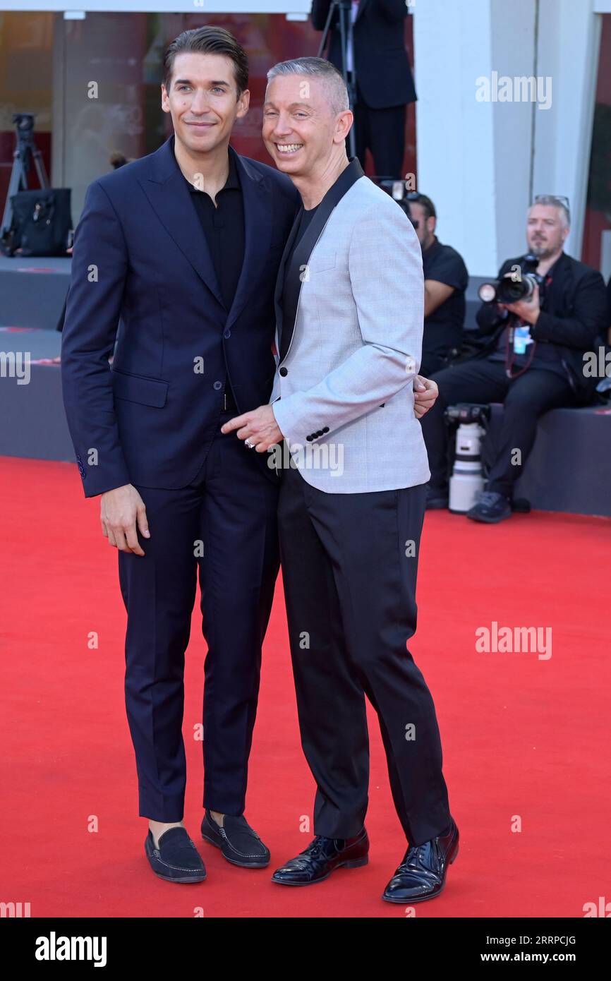 Venice Lido, Italy. 08th Sep, 2023. Giacomo Vitali (l) and Gianluca Mech (r) attend the red ...