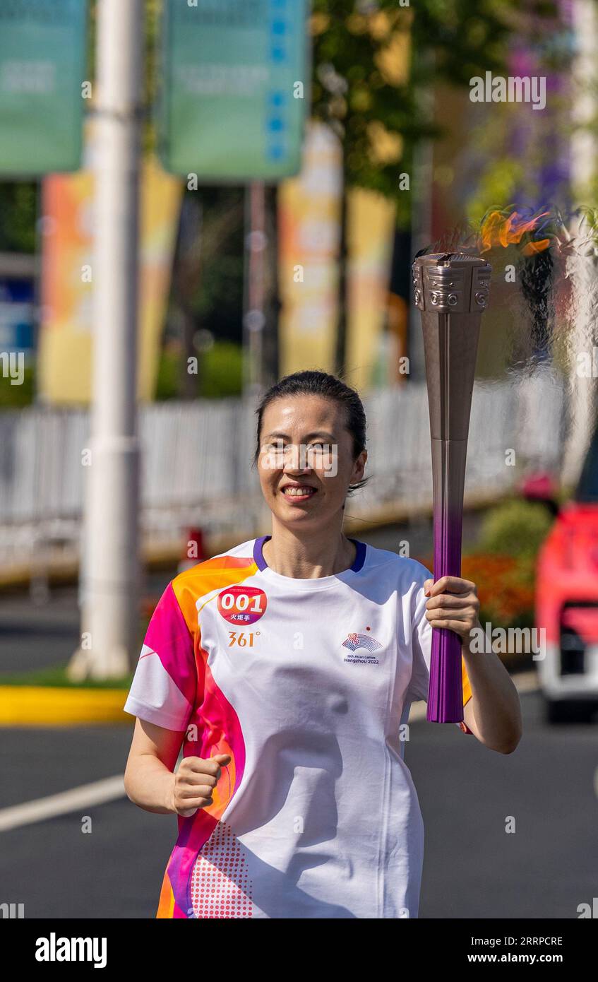 Huzhou, China's Zhejiang Province. 9th Sep, 2023. Torch bearer Zhou ...