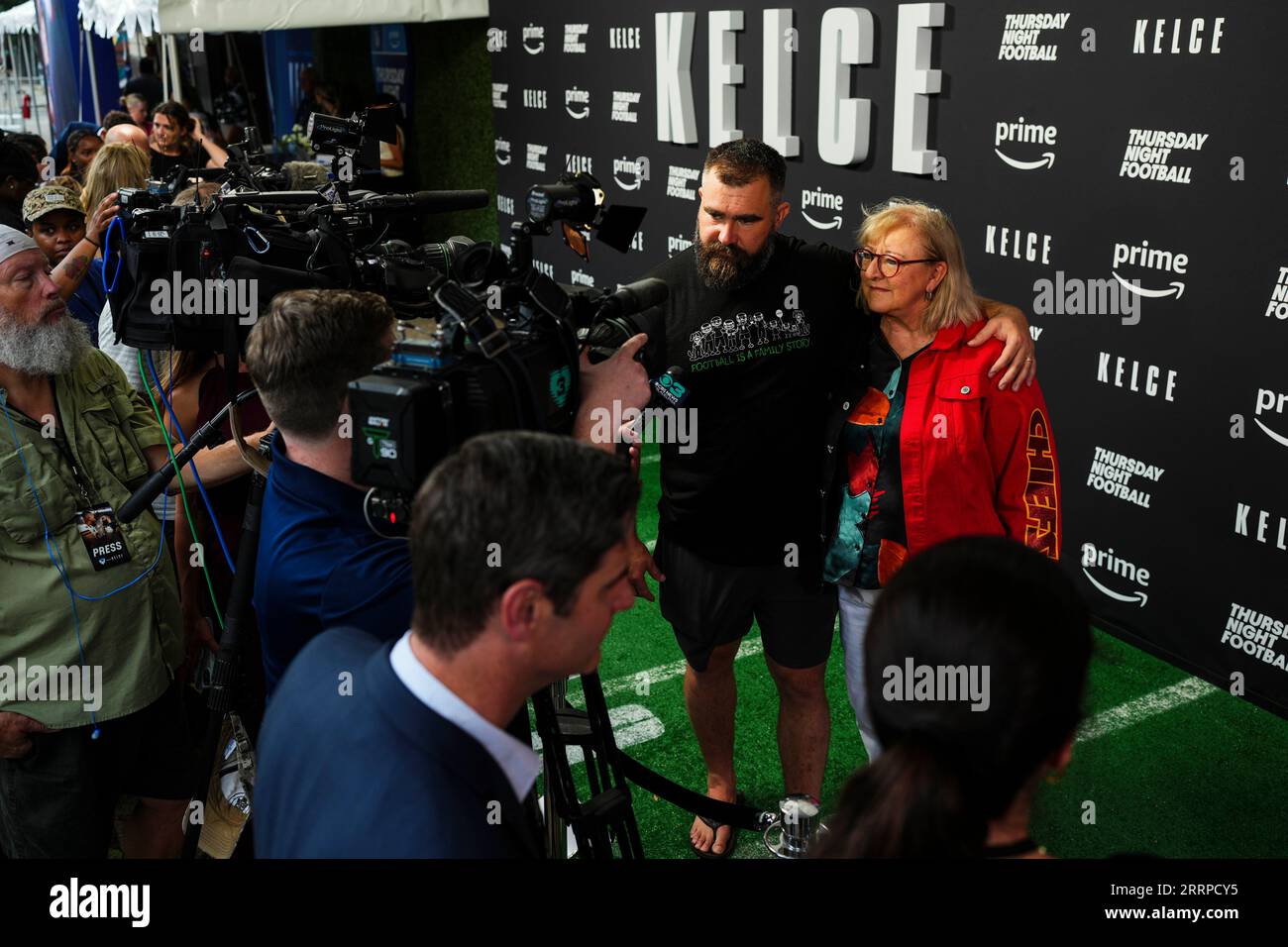 Jason Kelce is interviewed with Donna Kelce at the "Kelce" documentary ...
